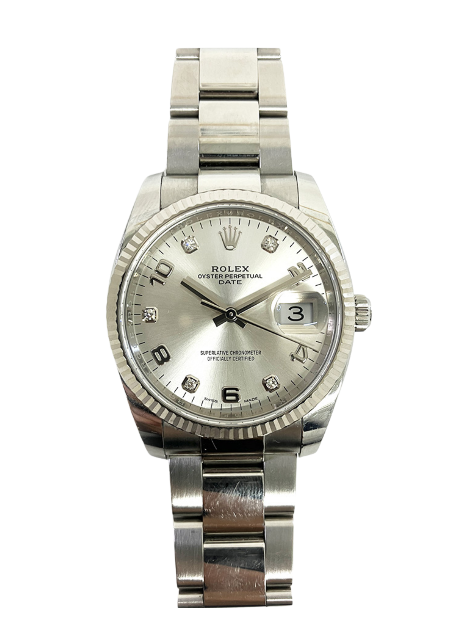 Rolex Oyster Perpetual Date Stainless Steel Silver Diamond Arabic Dial ...