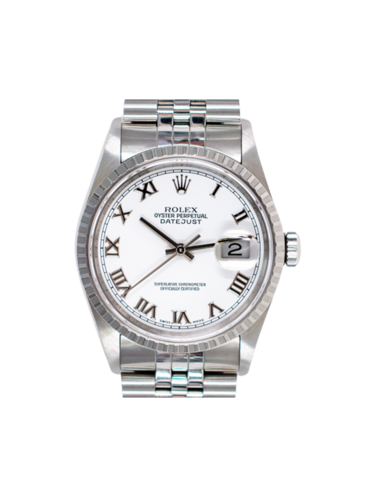 Rolex Datejust 36 Stainless Steel Engine Turned Bezel White Roman Dial ...